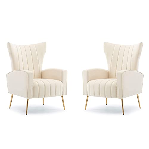 HOMEFUN Accent Chair Set of 2, Velvet Wingback Armchair Modern Upholstered Single Sofa with Metal Legs for Living Room Bedroom Nursery, Beige