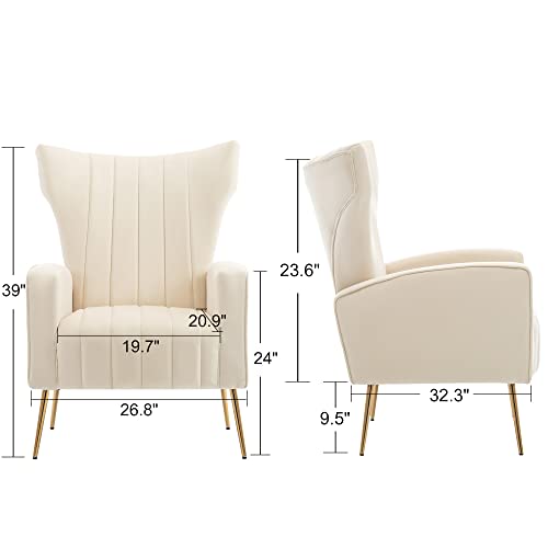 HOMEFUN Accent Chair Set of 2, Velvet Wingback Armchair Modern Upholstered Single Sofa with Metal Legs for Living Room Bedroom Nursery, Beige