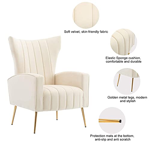 HOMEFUN Accent Chair Set of 2, Velvet Wingback Armchair Modern Upholstered Single Sofa with Metal Legs for Living Room Bedroom Nursery, Beige