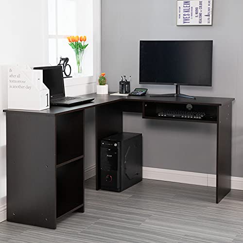 PayLessHere 55" L Shaped Desk,Corner Computer Desk Corner Gaming Desk for Small Spaces Study Writing Table Workstation with Storage Shelves for Home Office, Black