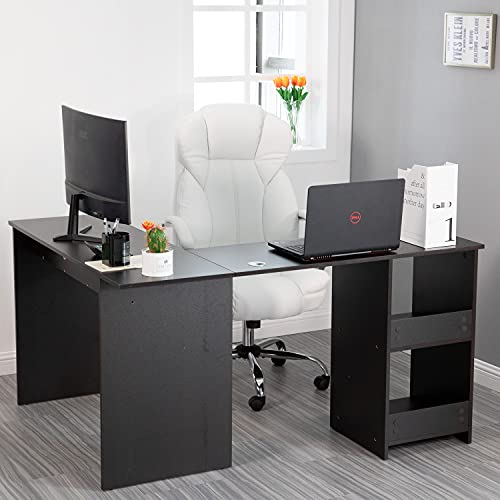 PayLessHere 55" L Shaped Desk,Corner Computer Desk Corner Gaming Desk for Small Spaces Study Writing Table Workstation with Storage Shelves for Home Office, Black