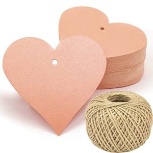 100pcs pink heart shaped paper gift wrap tags blank craft hang labels with natural jute twine string for valentine's day mother's day wedding favor