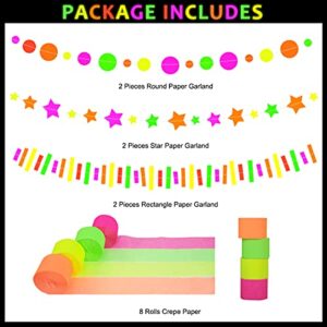 UNIIDECO Glow in The Dark Neon Streamers Garlands Kit, Dance Party Black Light UV Reactive Florescent in Decorations Backdrop, Crepe Paper Roll Circle Dots, Fiesta Graduation Birthday Party Supplies