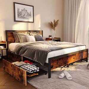 Rolanstar Bed Frame, Queen Size Bed Frame with 4 Drawers, Particle Board Headboard & Metal Platform Bed with Large Storage Space, up to 700LB, No Box Spring Needed, Mattress Foundation, Noise Free