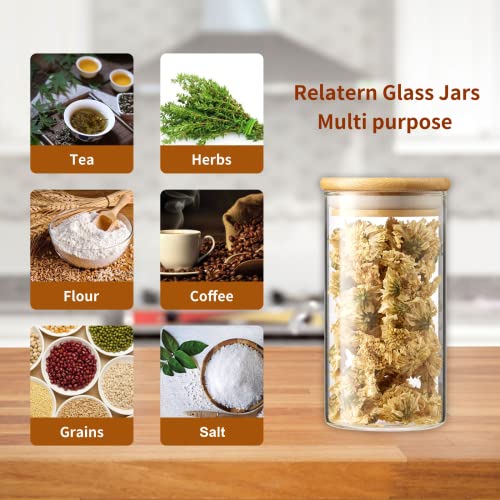 Relatern Bamboo Spice Jars 12 Pcs,10 Fl Oz (300ml), Bamboo Glass Jars, Glass Jars with Bamboo Lids, Labels Collapsible Funnel and Small Handkerchief Included