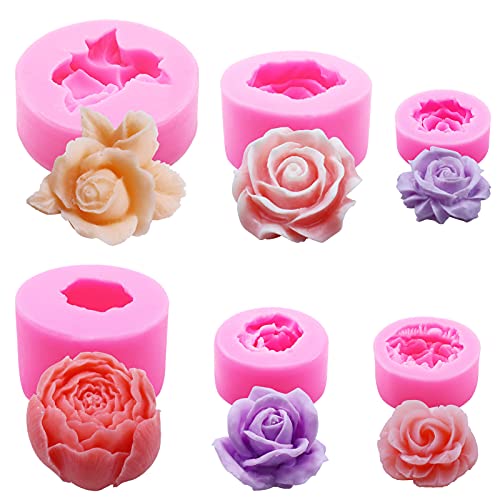 6Pcs 3D Flower Silicone Molds Set, Bloom Rose Silicone Molds for Soap Making ,Peony Molds for Handmade Chocolate, Cupcake, Dessert Decoration (6Pcs A)