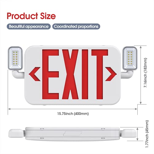 SiTiSFi Led Combo Emergency Exit Sign Light with Two Adjustable Head Lights and Backup Battery,US Standard Red Letter Commercial Emergency Exit Lighting,UL 924,AC120/277V (2Pack)