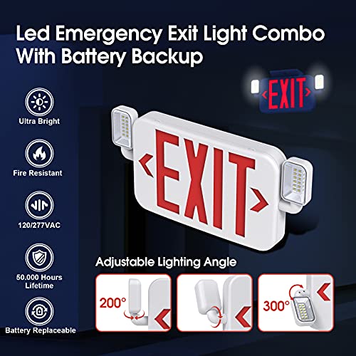 SiTiSFi Led Combo Emergency Exit Sign Light with Two Adjustable Head Lights and Backup Battery,US Standard Red Letter Commercial Emergency Exit Lighting,UL 924,AC120/277V (2Pack)