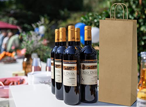 Poever Kraft Paper Wine Bags with Handles 5.25x3.25x13 inch for Whiskey Spirits Bottles 25PCS Bluk, Brown Gift Bags Shopping Bags Party Bags Retails Bags Wrapping Bags Recyclable