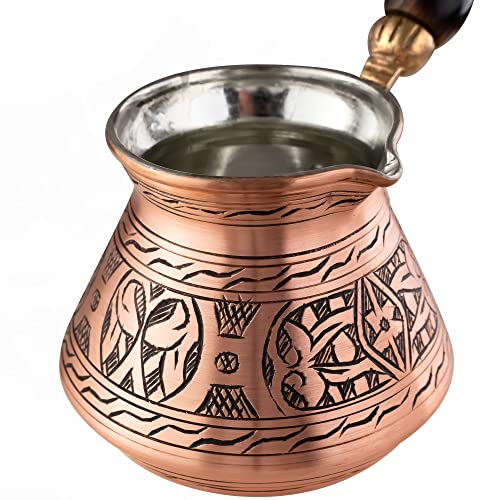 BCS 12 Oz Copper Turkish Greek Arabic Coffee Pot with Wooden Handle (4 servings) Cezve Ibrik Briki Stovetop Coffee Maker (Includes Wooden Spoon)