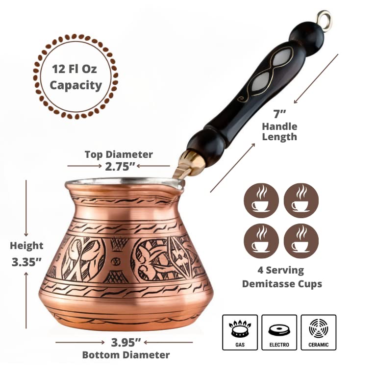 BCS 12 Oz Copper Turkish Greek Arabic Coffee Pot with Wooden Handle (4 servings) Cezve Ibrik Briki Stovetop Coffee Maker (Includes Wooden Spoon)