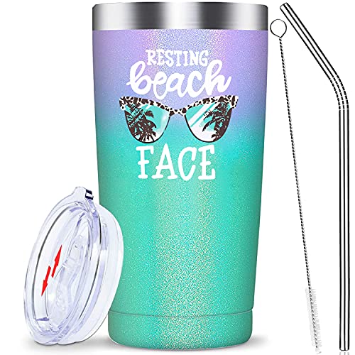 ATHAND 20 oz Insulated Tumblers with Lid and Straw | Resting Beach Face Double Wall Stainless Steel Vacuum Coffee Wine Tumbler Funny Mug for Women Girls Christmas Gifts (Mint+Purple)