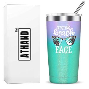 ATHAND 20 oz Insulated Tumblers with Lid and Straw | Resting Beach Face Double Wall Stainless Steel Vacuum Coffee Wine Tumbler Funny Mug for Women Girls Christmas Gifts (Mint+Purple)