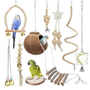 TOLMIOW 9 Pieces Parrots Chewing Natural Wood and Rope Bungee Bird Toy for Anchovies, Coconut Hideaway with Ladder ,Bird Perch Stand, Bird Cage Accessories, Parakeets, Cockatiel, Conure, Mynah, Macow