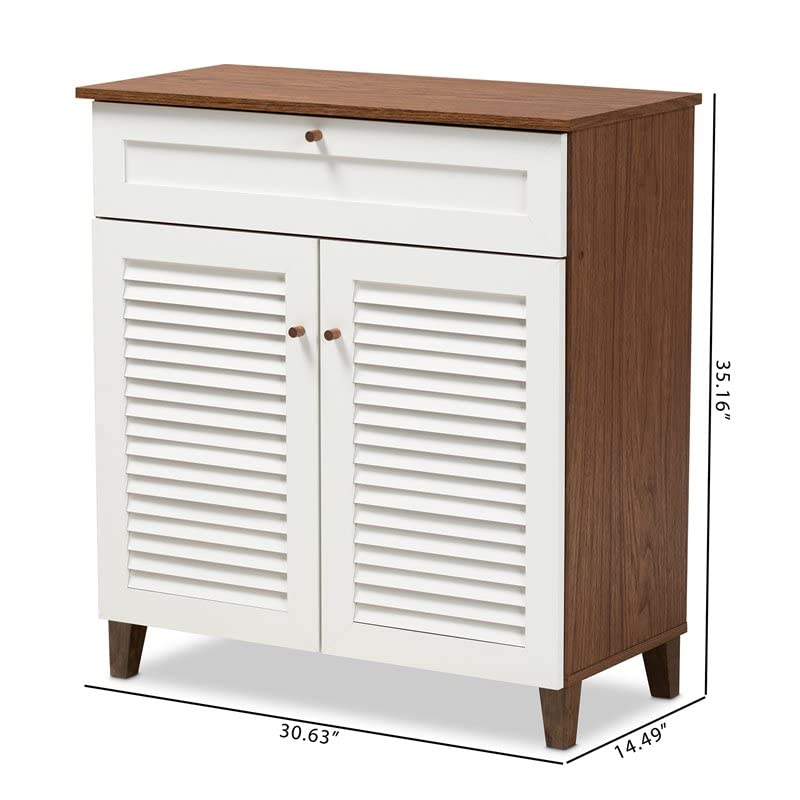 BOWERY HILL Modern and Contemporary White and Walnut Finished 4-Shelf Wood Shoe Storage Cabinet with Drawer