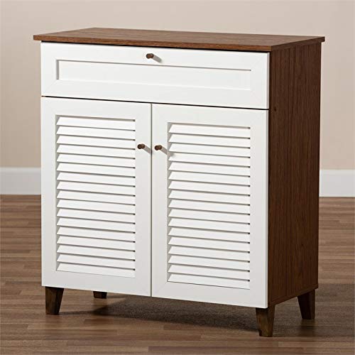 BOWERY HILL Modern and Contemporary White and Walnut Finished 4-Shelf Wood Shoe Storage Cabinet with Drawer