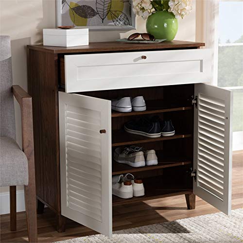 BOWERY HILL Modern and Contemporary White and Walnut Finished 4-Shelf Wood Shoe Storage Cabinet with Drawer