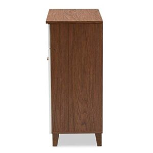 BOWERY HILL Modern and Contemporary White and Walnut Finished 4-Shelf Wood Shoe Storage Cabinet with Drawer