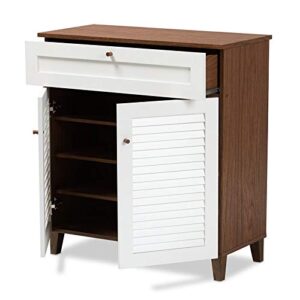 BOWERY HILL Modern and Contemporary White and Walnut Finished 4-Shelf Wood Shoe Storage Cabinet with Drawer