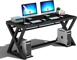 samery computer desk & gaming desk, home office desks 55.1 inch- modern simple writing study glass computer desk home office desks space-saving multipurpose workstation with metal frame