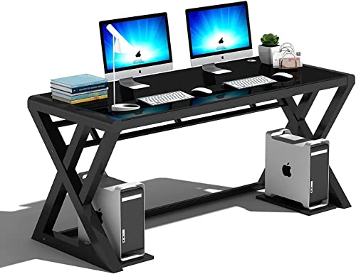 SAMERY Computer Desk & Gaming Desk, Home Office Desks 55.1 Inch- Modern Simple Writing Study Glass Computer Desk Home Office Desks Space-Saving Multipurpose Workstation with Metal Frame