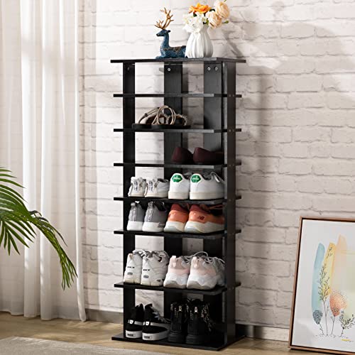 ALIMORDEN 8-Tier Wood Shoe Rack,Double Rows 7-Tier Shoe Shelf Shoe Storage Stand Entryway Shoe Tower Vertical Perfect for Narrow Closet Hallway Bedroom in Black