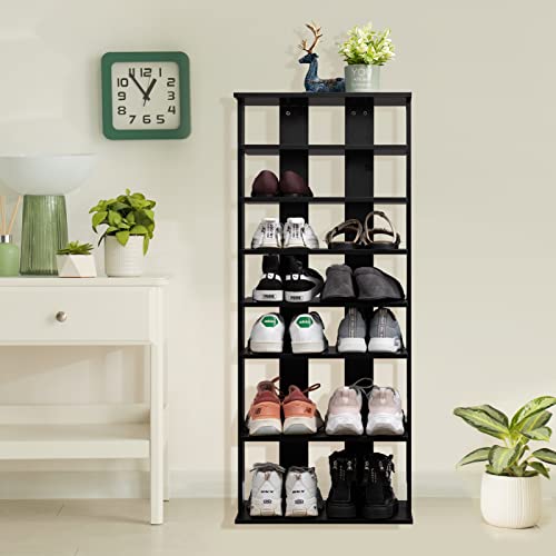 ALIMORDEN 8-Tier Wood Shoe Rack,Double Rows 7-Tier Shoe Shelf Shoe Storage Stand Entryway Shoe Tower Vertical Perfect for Narrow Closet Hallway Bedroom in Black