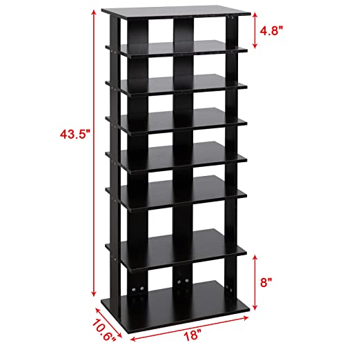 ALIMORDEN 8-Tier Wood Shoe Rack,Double Rows 7-Tier Shoe Shelf Shoe Storage Stand Entryway Shoe Tower Vertical Perfect for Narrow Closet Hallway Bedroom in Black