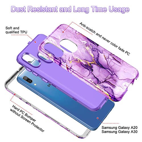 Lamcase for Samsung Galaxy A20/A30 Case, Heavy Duty Rugged Shockproof Hybrid Hard PC Soft Silicone Bumper Three Layer Drop Protection Anti-Fall Cover for Samsung Galaxy A20/A30, Purple Marble