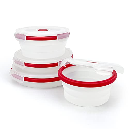 CARTINTS Reusable Collapsible Bowls for Camping, Silicone Food Grade Storage Containers, Silicone Lunch Containers for Microwave, Freeze or Store, Leakproof, Set of 4,Red