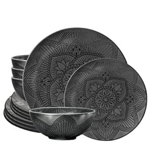 bzyoo bpa-free dishwasher safe 100% melamine plastic plate & bowl set casual dining indoor and outdoor dining party environmental friendly (12 pcs set, service for 4, la la mandala -black)