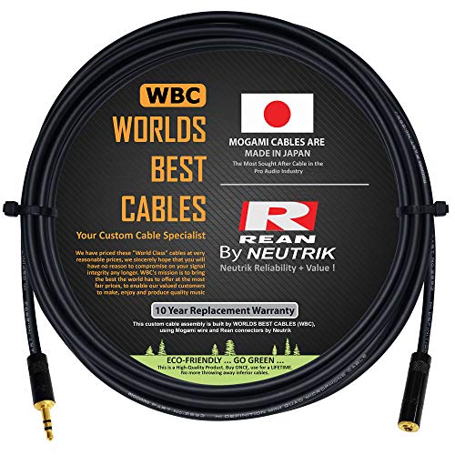 WORLDS BEST CABLES 15 Foot - Quad Balanced Headphone Extension Cable Custom Made Using Mogami 2893 Wire and Neutrik-Rean NYS231BG Male & NYS240BG Female 3.5mm Gold TRS Plugs