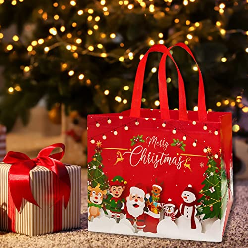 MISS FANTASY 12 Pack Durable Christmas Non-Woven Tote Bags 4 Patterns Reusable Grocery Bags Xmas Party Favors or Shopping Use Christmas Theme 12.8W x 9.8H x 2.8D (Red Blue Green and Golden)