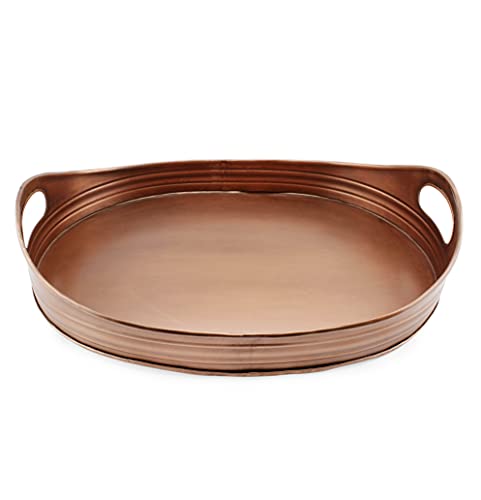 AuldHome Rustic Oval Copper Tray (16.5 x 12.5 Inches); Farmhouse Metal Decorative Serving Tray