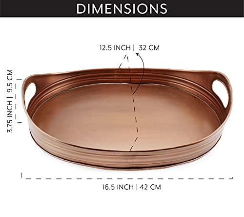 AuldHome Rustic Oval Copper Tray (16.5 x 12.5 Inches); Farmhouse Metal Decorative Serving Tray