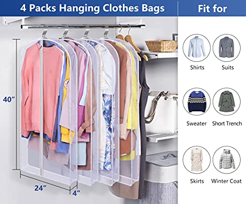 AOODA 40" Clear Garment Bags for Hanging Clothes Transparent Suit Bags for Closet Storage Coat Cover Protector for Sweater, Jacket, 4 Packs