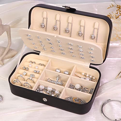 Travel Jewelry Box, [Upgraded Version] Small Jewelry Organizer for Women Girls, 2 Layers PU Leather Portable Travel Case Display Storage Holder boxes for Necklaces, Earrings, Rings, Bracelets - Black