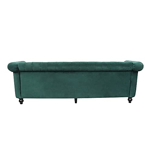 NOSGA 84” Chesterfield Fabric 3 Seater Couch Furniture, Velvet Deep Stripe Chesterfield Tufted Sofa Couch, Upholstered Sofa Couches with Nailhead Trim Scroll Arms for Living Room(Dark Green)