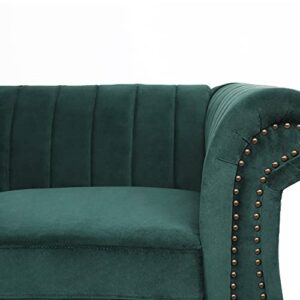 NOSGA 84” Chesterfield Fabric 3 Seater Couch Furniture, Velvet Deep Stripe Chesterfield Tufted Sofa Couch, Upholstered Sofa Couches with Nailhead Trim Scroll Arms for Living Room(Dark Green)