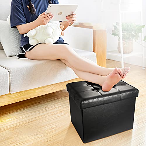 AmasSmile® Storage Ottoman Foot Rest Stool, 17 inch Folding Leather Footstool Bench, Short Ottoman Stool, Storage Foot Rest Store, Books, Records Support 330 lbs, Black