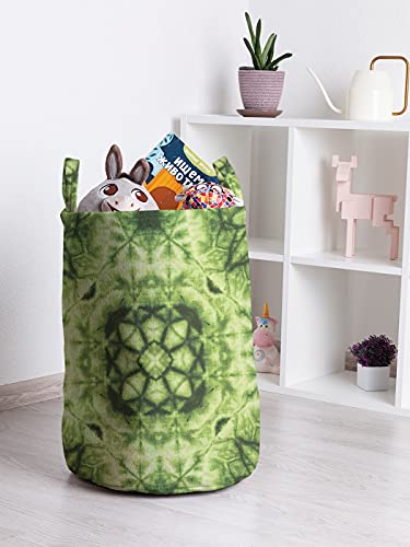 Ambesonne Tie Dye Laundry Bag, Floral Shapes Mandala Completeness Universe Illustration, Hamper Basket with Handle Drawstring Closure for Laundromats, 13" x 19", Fern Green Pastel Yellow