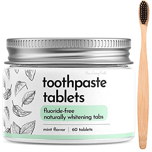 Toothpaste Tablets and Bamboo Toothbrush - Travel Teeth Whitening Tabs for Adults & Kids, Fluoride-Free, Gluten-Free, Plastic-Free, Vegan, Travel Friendly, Eco-Friendly, Spearmint (60 Tabs)