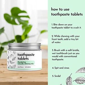 Toothpaste Tablets and Bamboo Toothbrush - Travel Teeth Whitening Tabs for Adults & Kids, Fluoride-Free, Gluten-Free, Plastic-Free, Vegan, Travel Friendly, Eco-Friendly, Spearmint (60 Tabs)