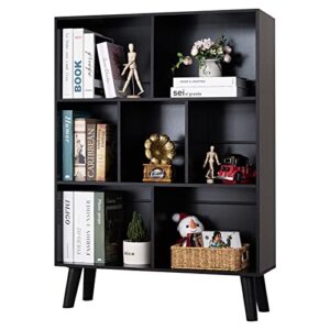 yaharbo black bookshelf,3 tier modern bookcase with legs,bookshelves wood storage shelf,rustic open book shelves cube organizer,free standing short bookcases for small space,bedroom,living room,office