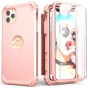 idweel iphone 11 pro max case with tempered glass screen protector, hybrid 3 in 1 shockproof slim heavy duty protection hard pc cover soft silicone rugged bumper full body case, rose gold