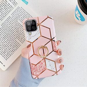 Qokey Compatible for Samsung Galaxy A12 Case,Bling Cute for Women Girls with 360 Degree Rotating Ring Kickstand Soft TPU Shockproof Cover Designed for Galaxy A12 6.5 inch 2020 Released Rhombic Marble