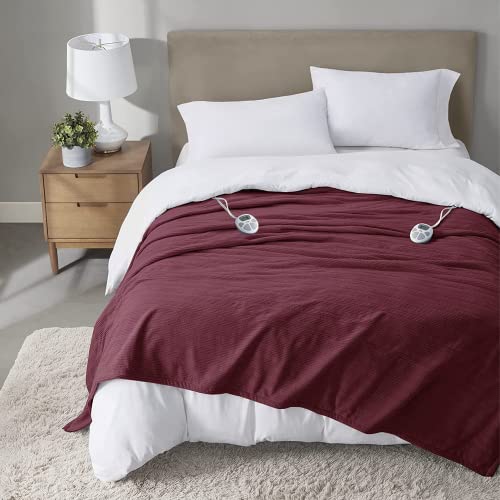 Serta Travis Fleece Ultra Soft Tri-Rib Textured Electric Blanket, Cozy and Snuggly Cover Fast Heating for Cold Weather, Auto Shut Off, Multi Heat Setting Controller, Queen, Berry Red