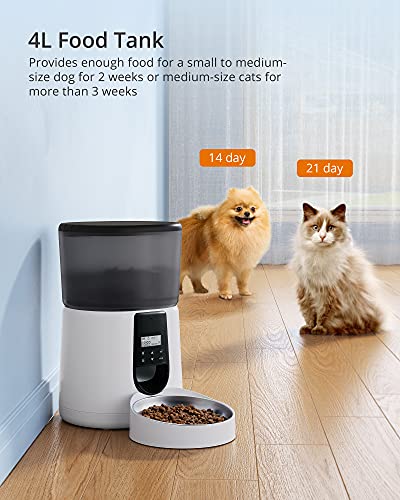 LLSS Automatic Cat Feeder, 4L Food Dispenser, Timed Feeder with Detachable Stainless Steel Bowl, Dry Dispenser for & Dog, Programmable Meal Portion, 1-4 Meals per Day, Auto Pet Black, White