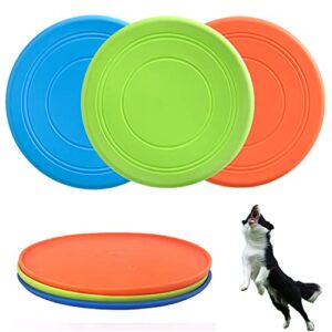 xigou dog flying disc, 3 pack dog flyer dog toy, dog soft rubber interactive lightweight flying disc dog toy for small large dogs - floats in water & safe on teeth, 7 inch.