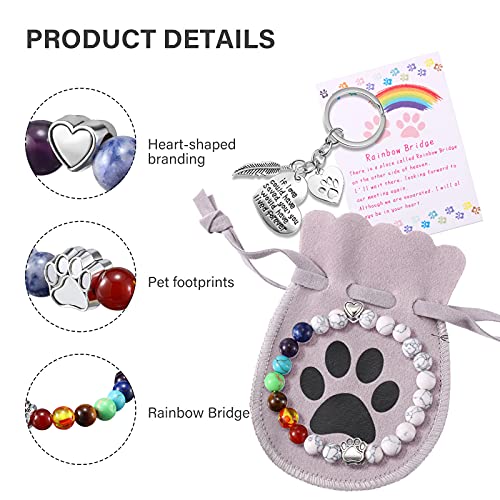 Jadive 9 Pieces Pet Memorial Set Includes 8 mm Rainbow Bridge Bracelet Pet Dog Loss Keychain Rainbow Bridge Poem Card with Flannel Bags and Organza Bag for Women Men Kids Pet Lovers (Classic Style)